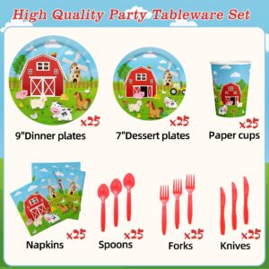 Farm Animal Birthday Party Decorations Farm Plates Tableware Barnyard Farm Birthday Party Supplies Serves 25 Farm Themed Cups, Farm Animal Napkins Red Knife/Fork/Spoon