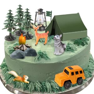 16 Pcs Camping Cake Toppers Camp Cake Decorations Fireside Camp Forest Cake Decors for Kids Camping Forest Theme Party and Camping Fans' Birthday Supplies