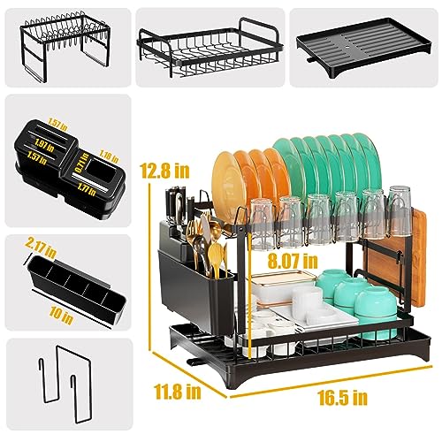 Harigal Dish Drying Rack, Large Capacity Dish Rack for Kitchen Counter, Stainless Steel 2 Tier Dish Rack, Kitchen Counter with Drainboard for Dishes, Knives, Spoons, and Forks