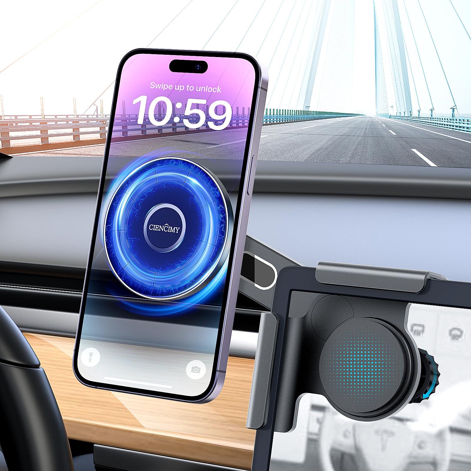 Ciencimy Tesla Phone Mount【Stronger Magnet Power】【Flip Cover Locking Design】 Compatible with Tesla Model 3/Y & iPhone 15/14/13/12 Mini Pro Max Plus,Perfect Tesla Accessories 2023