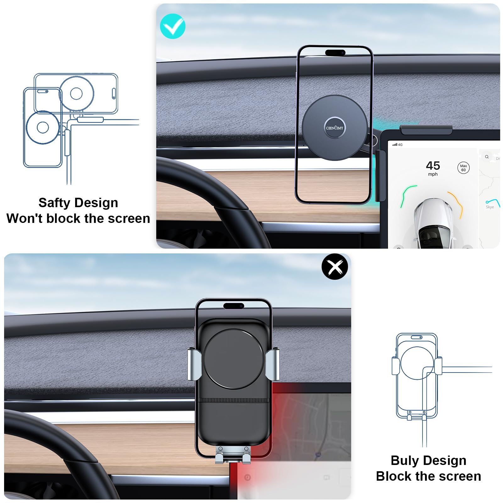 Ciencimy Tesla Phone Mount【Stronger Magnet Power】【Flip Cover Locking Design】 Compatible with Tesla Model 3/Y & iPhone 15/14/13/12 Mini Pro Max Plus,Perfect Tesla Accessories 2023