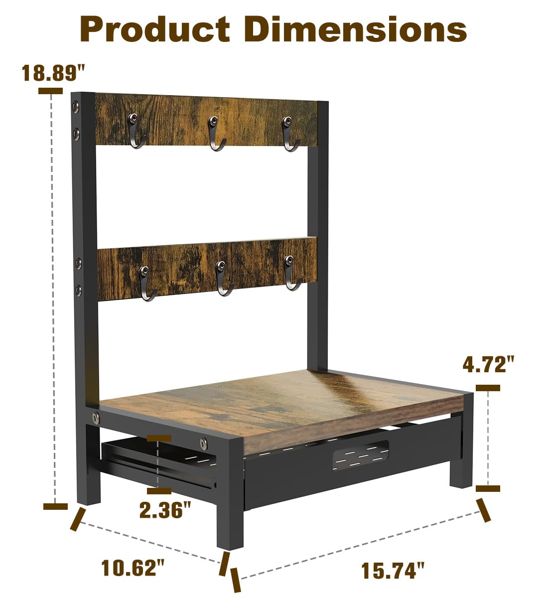 waaliji Coffee Mug Holder for Countertop, Coffee Pod Drawer Tray Station with 6 Hooks and 35 Capsules Capacity, Rustic Wood Cup Hanger Organizer for Kitchen Coffee Bar, Black