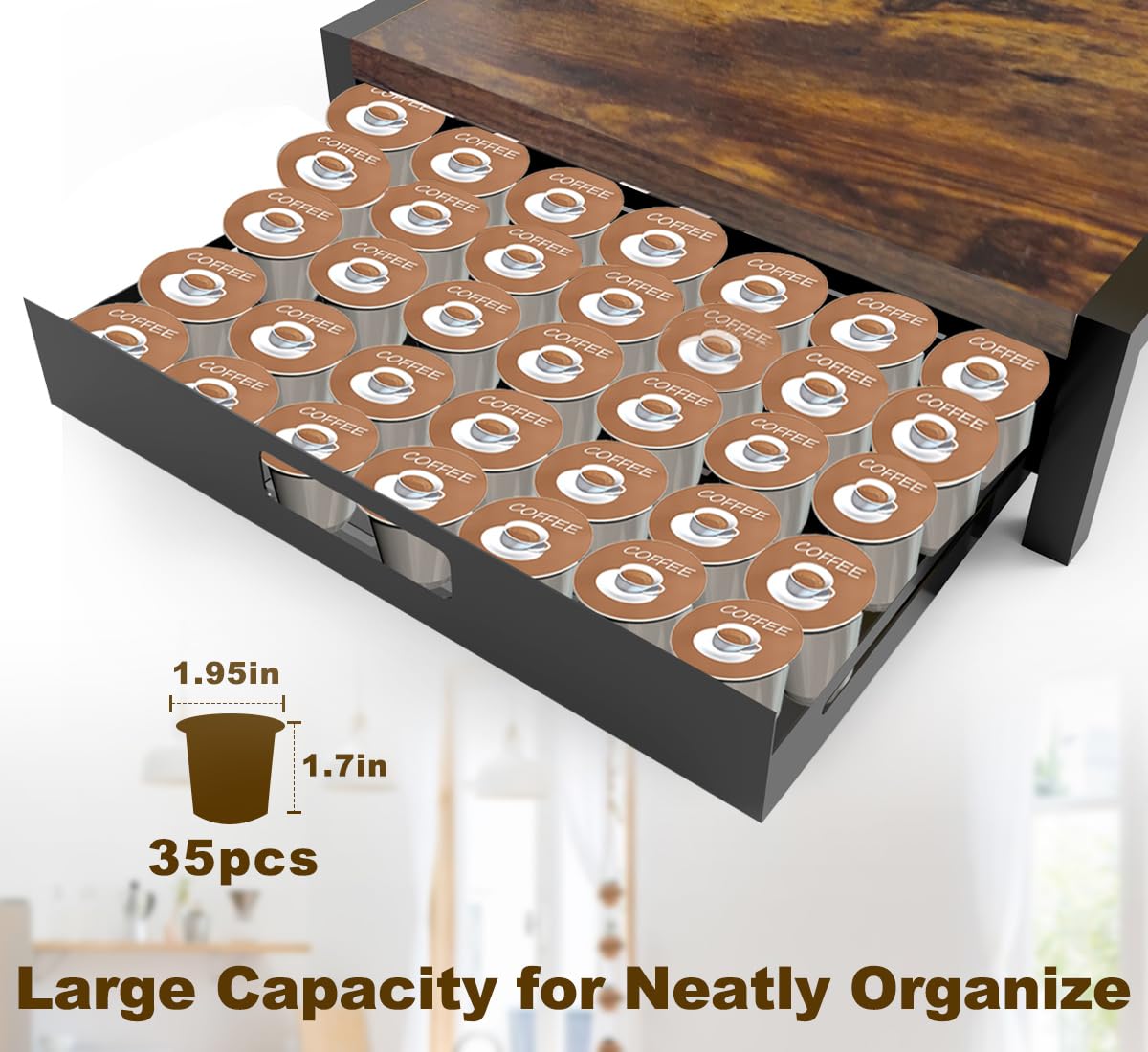 waaliji Coffee Mug Holder for Countertop, Coffee Pod Drawer Tray Station with 6 Hooks and 35 Capsules Capacity, Rustic Wood Cup Hanger Organizer for Kitchen Coffee Bar, Black