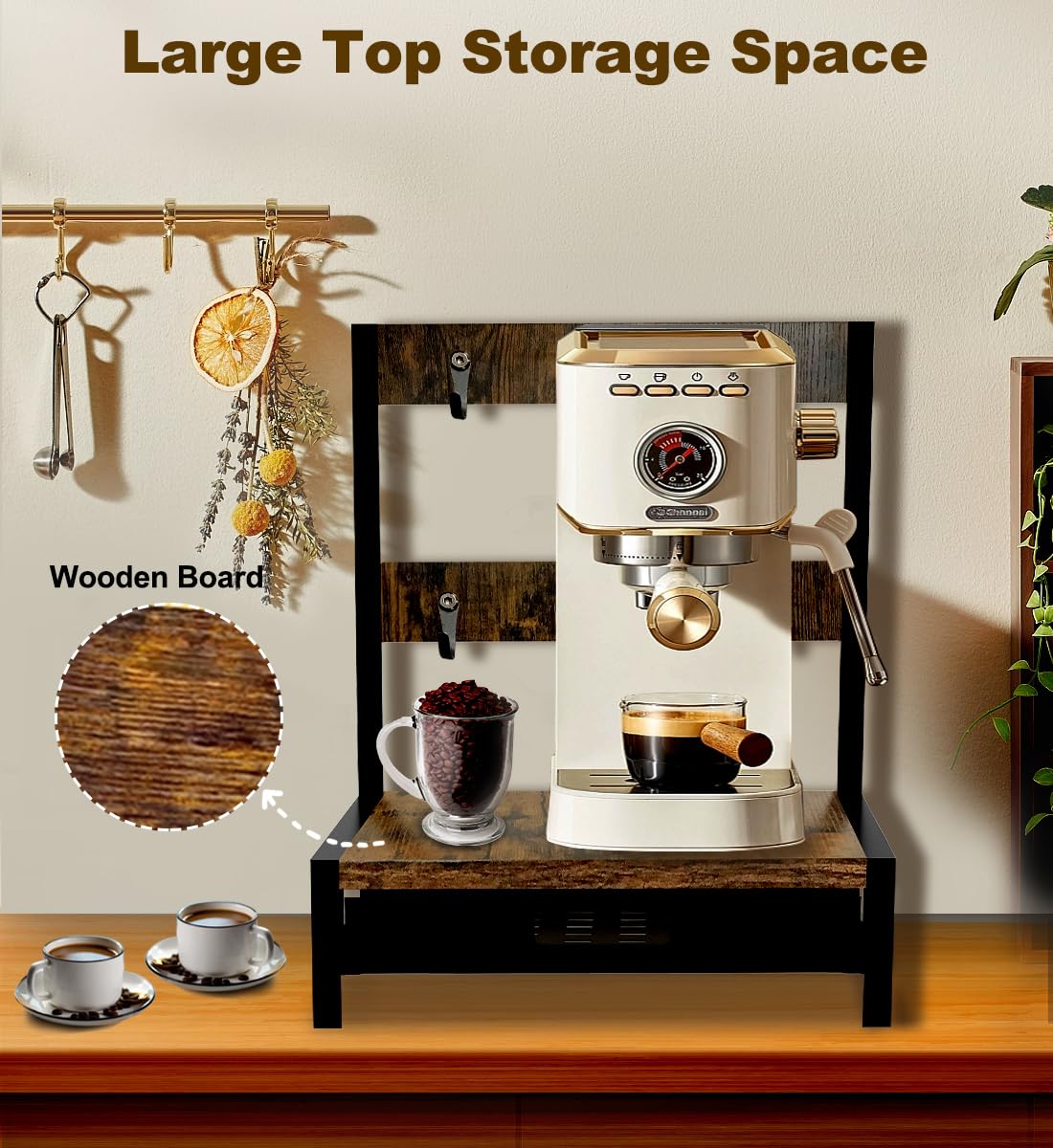 waaliji Coffee Mug Holder for Countertop, Coffee Pod Drawer Tray Station with 6 Hooks and 35 Capsules Capacity, Rustic Wood Cup Hanger Organizer for Kitchen Coffee Bar, Black