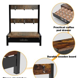 waaliji Coffee Mug Holder for Countertop, Coffee Pod Drawer Tray Station with 6 Hooks and 35 Capsules Capacity, Rustic Wood Cup Hanger Organizer for Kitchen Coffee Bar, Black