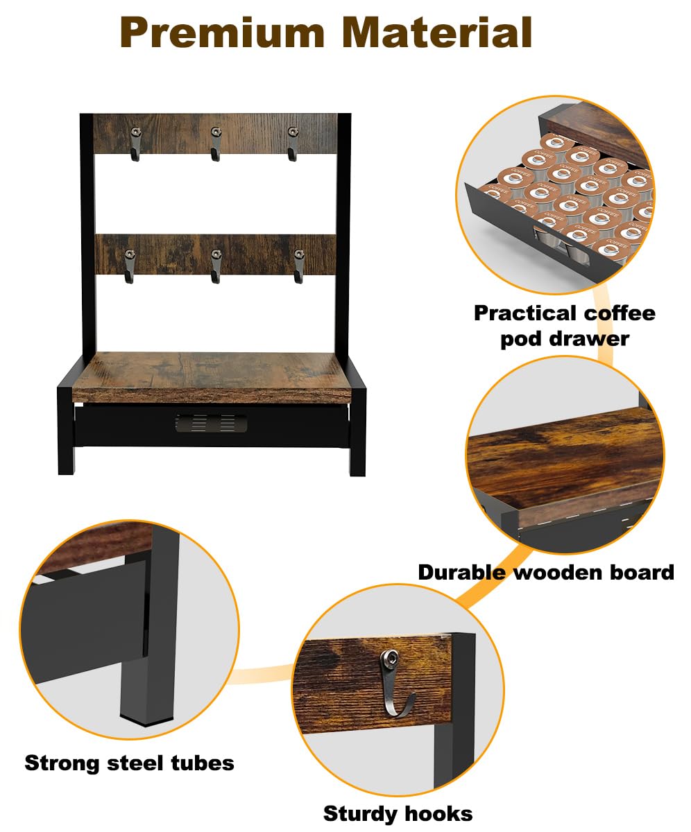 waaliji Coffee Mug Holder for Countertop, Coffee Pod Drawer Tray Station with 6 Hooks and 35 Capsules Capacity, Rustic Wood Cup Hanger Organizer for Kitchen Coffee Bar, Black