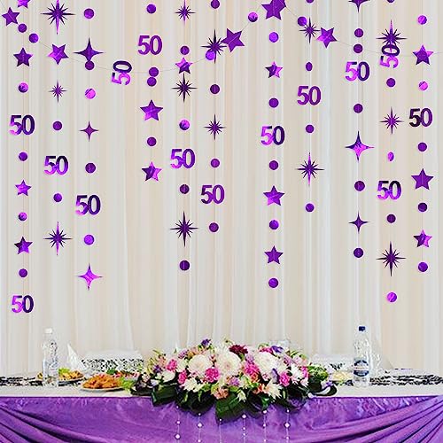 Purple 50th Birthday Decorations Number 50 Circle Dot Twinkle Star Garland Metallic Hanging Streamer Bunting Banner Backdrop for 50 Years Old Birthday Happy 50th Anniversary Fiftieth Party Supplies