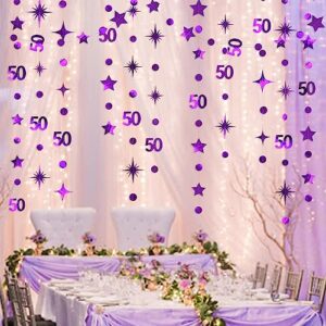 Purple 50th Birthday Decorations Number 50 Circle Dot Twinkle Star Garland Metallic Hanging Streamer Bunting Banner Backdrop for 50 Years Old Birthday Happy 50th Anniversary Fiftieth Party Supplies