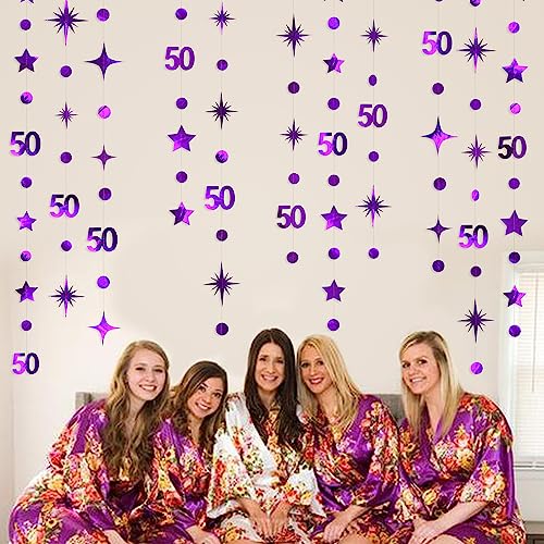 Purple 50th Birthday Decorations Number 50 Circle Dot Twinkle Star Garland Metallic Hanging Streamer Bunting Banner Backdrop for 50 Years Old Birthday Happy 50th Anniversary Fiftieth Party Supplies