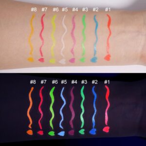 2Pcs Blue Green Neon Colorful Liquid Eyeliner Makeup Set Kit UV Glow in the Dark Bright Rainbow Colored Pigmented Graphic Liquid Eyeliner Pen Set for Body Face Paint Delineador de ojos líquido de neón