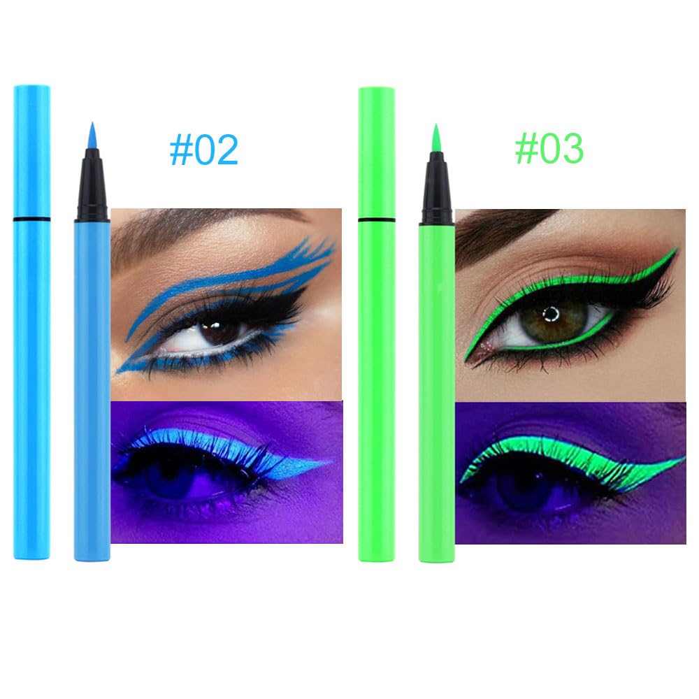 2Pcs Blue Green Neon Colorful Liquid Eyeliner Makeup Set Kit UV Glow in the Dark Bright Rainbow Colored Pigmented Graphic Liquid Eyeliner Pen Set for Body Face Paint Delineador de ojos líquido de neón