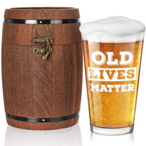 lighten life old lives matter beer glass 16 oz,unique pint glass in valued barrel box,birthday or retirement beer glass gfit for dad,grandpa,senior citizen,old men women