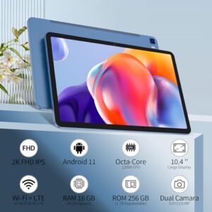 VASOUN Android 11 Tablet 10.4 inch, 16GB（8GB+8GB Expand）+256GB Tablet, 4G LTE Dual SIMS, 2.0GHz Octa-Core Gaming Tablet, 2K IPS Screen,8000Mah, 2.4G/5G WiFi, Bluetooth5.0 with Tablet PU Leather case