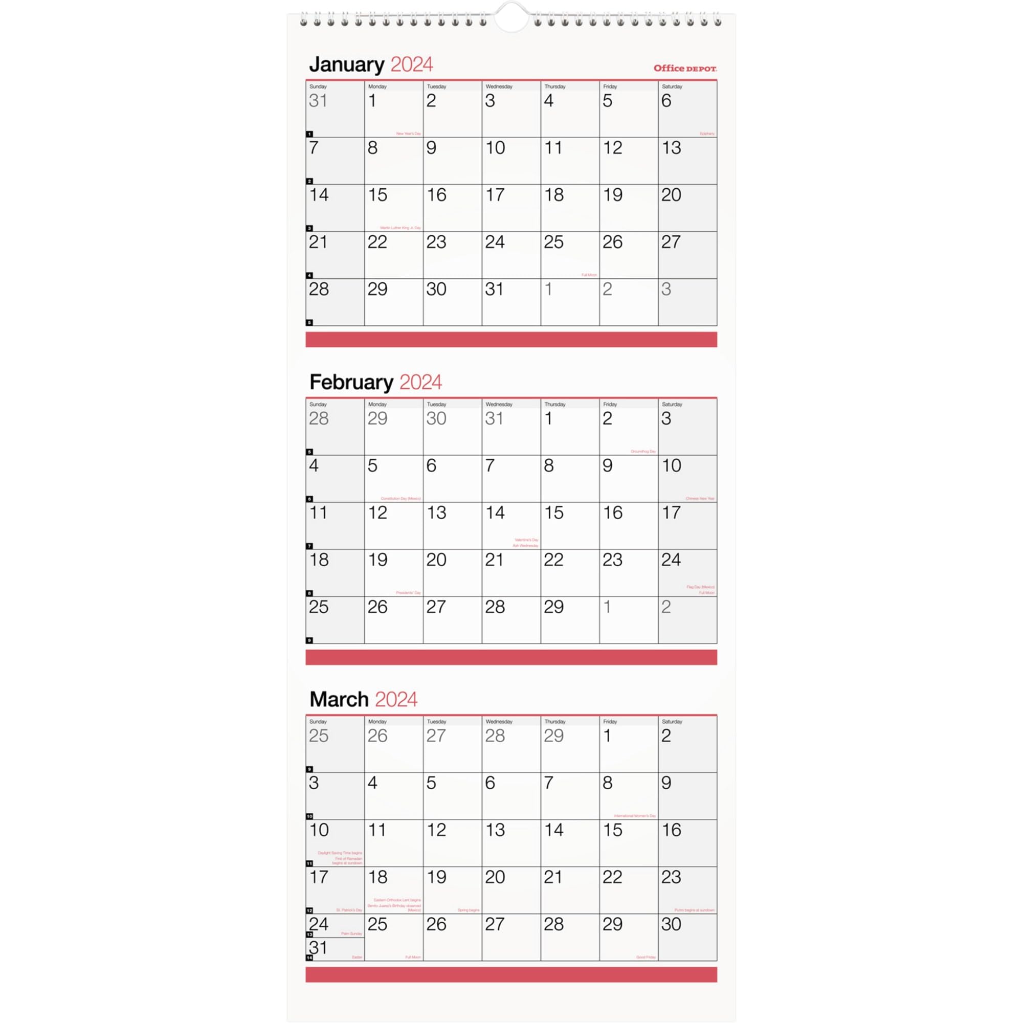 2024 Office Depot® Brand 3-Month Monthly Wall Calendar, 12" x 27", White, January to December 2024, OD303028