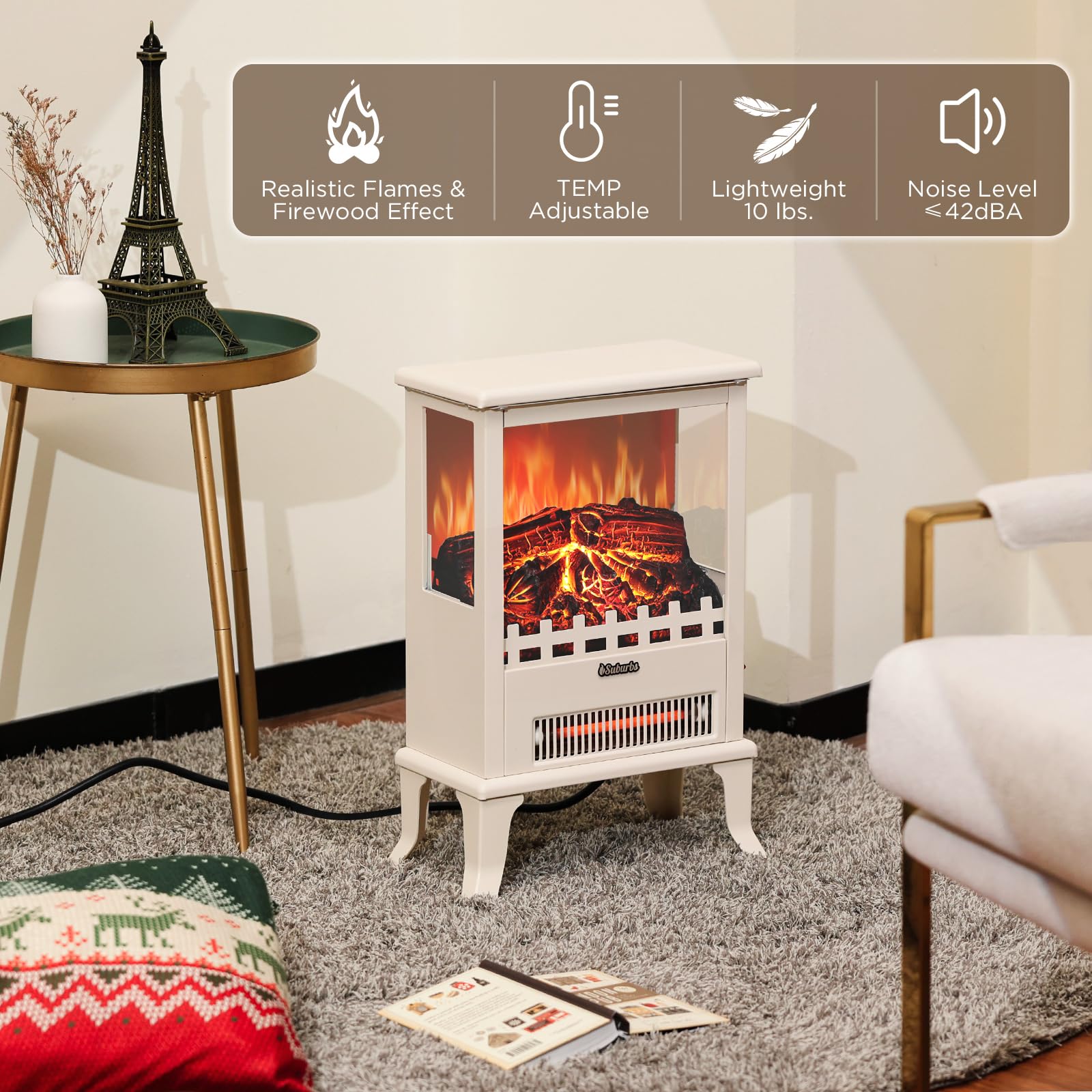 19" 1500W Infrared Electric Fireplace Stove, 3-Sided View, Realistic Flame, Overheat Protection, CSA Certified - For Small Spaces