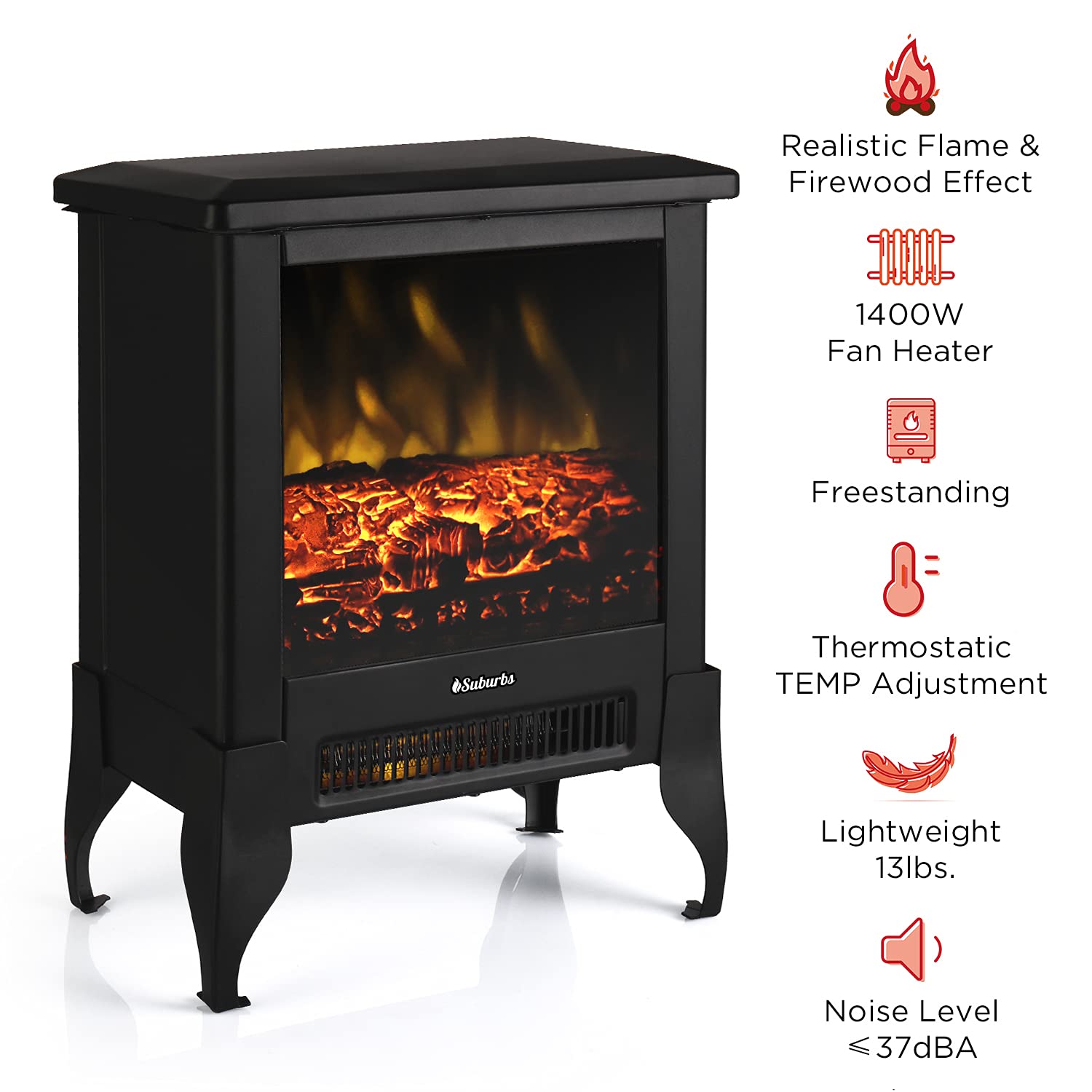 TURBRO Suburbs 25" WiFi Electric Fireplace Infrared Heater with Crackling Sound, Freestanding Fireplace Stove with Adjustable Flame Effects, Overheating Protection, Timer, Remote Control 1400W