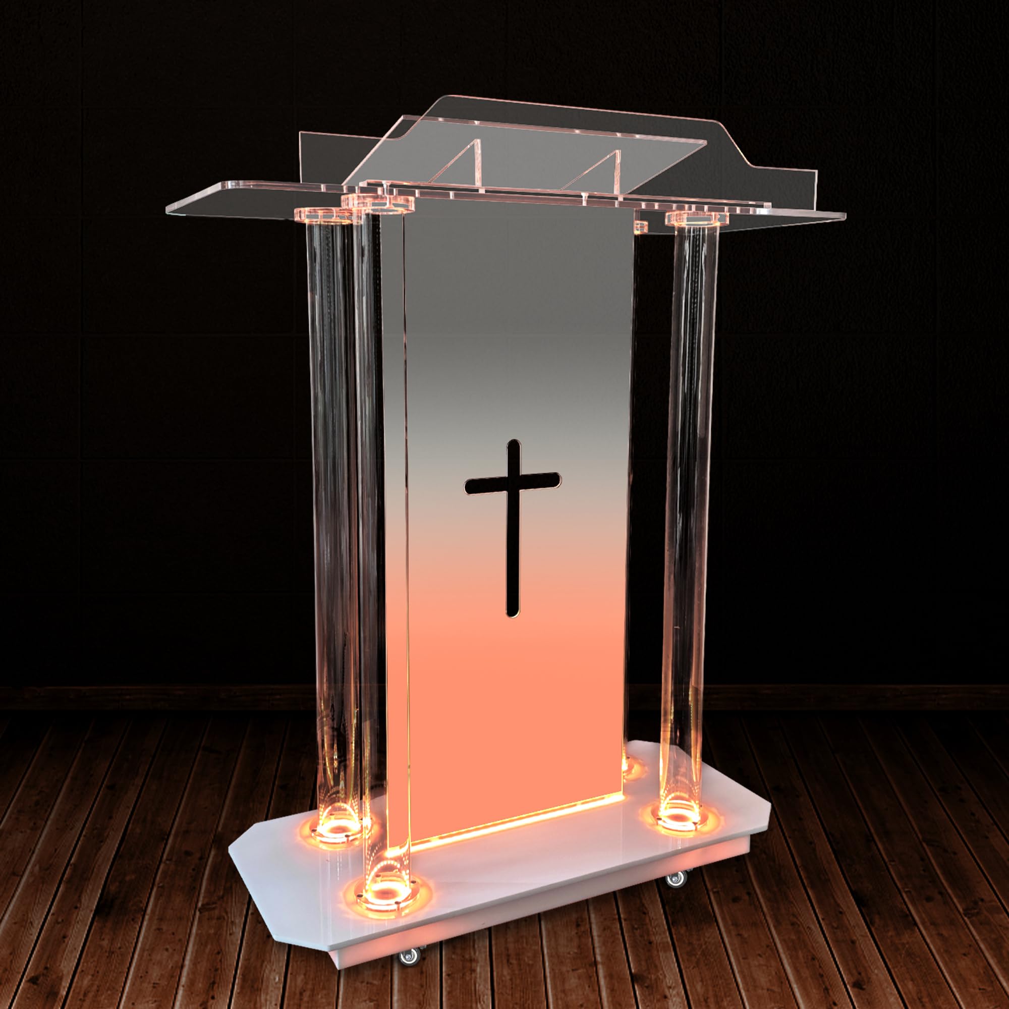 Church Pulpit with Hollow Cross Design,Led Acrylic Church Podium with Wheels& Vertical Reading Platform, 46”Transparent Lecterns for Churches,Classroom and Weeding