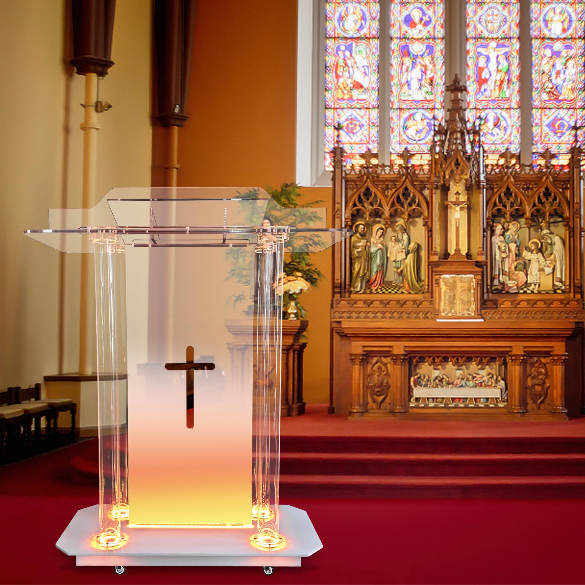 Church Pulpit with Hollow Cross Design,Led Acrylic Church Podium with Wheels& Vertical Reading Platform, 46”Transparent Lecterns for Churches,Classroom and Weeding