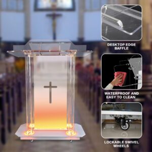 Church Pulpit with Hollow Cross Design,Led Acrylic Church Podium with Wheels& Vertical Reading Platform, 46”Transparent Lecterns for Churches,Classroom and Weeding