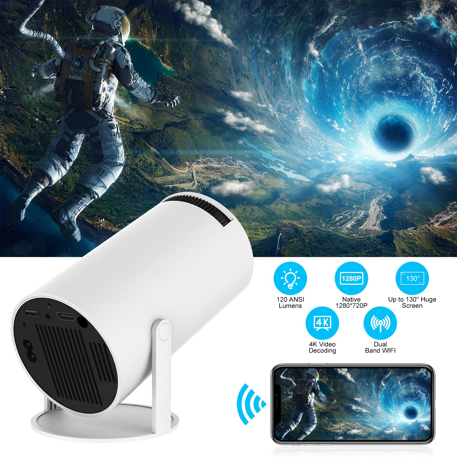 40" - 130" Smart Portable Projector for Indoor and Outdoor Home Theater, Big Screen Experience