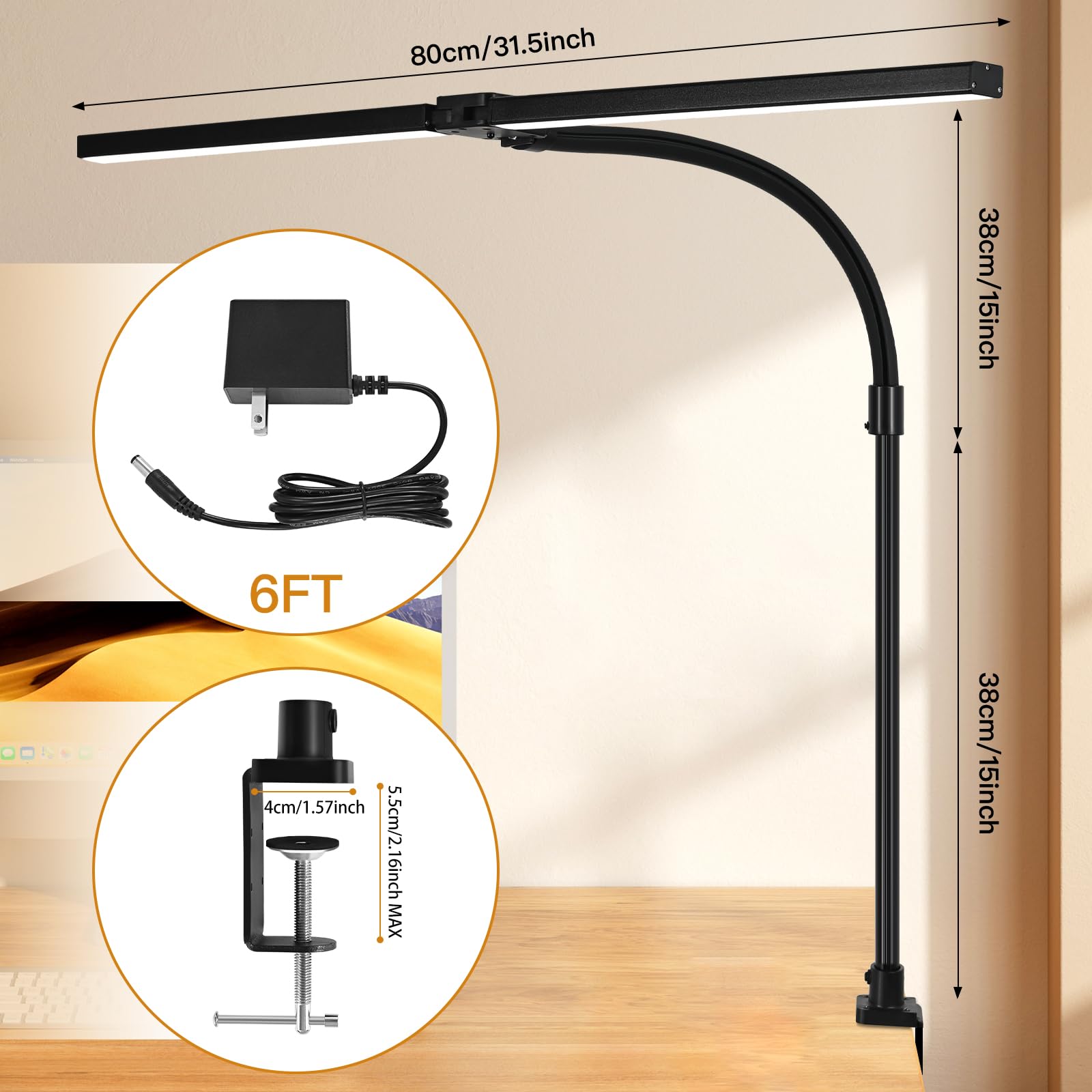 MACASA Double Head LED Desk Lamp with Anti-Glare Cover Computer Desk Lamp for Home Office 24W Brightest Desk Light Office Lamp for Workbench Drafting Architect Reading with Clamp