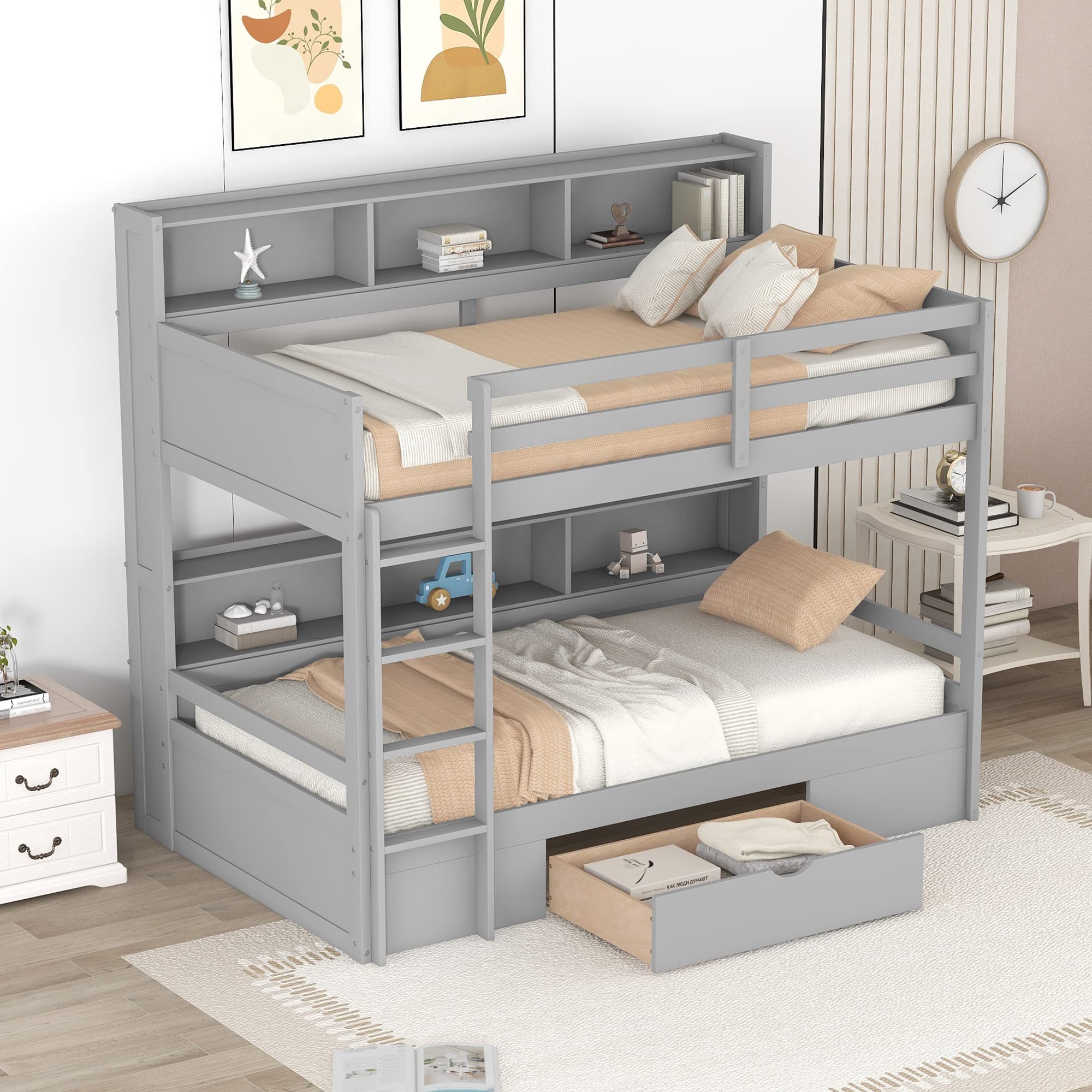 BIADNBZ Twin Size Bunk Bed with Built-in Shelves and Storage Drawer, Wooden Bunkbed for Kids/Teens Bedroom, No Spring Box Needed, Twin Over Twin Size, Gray