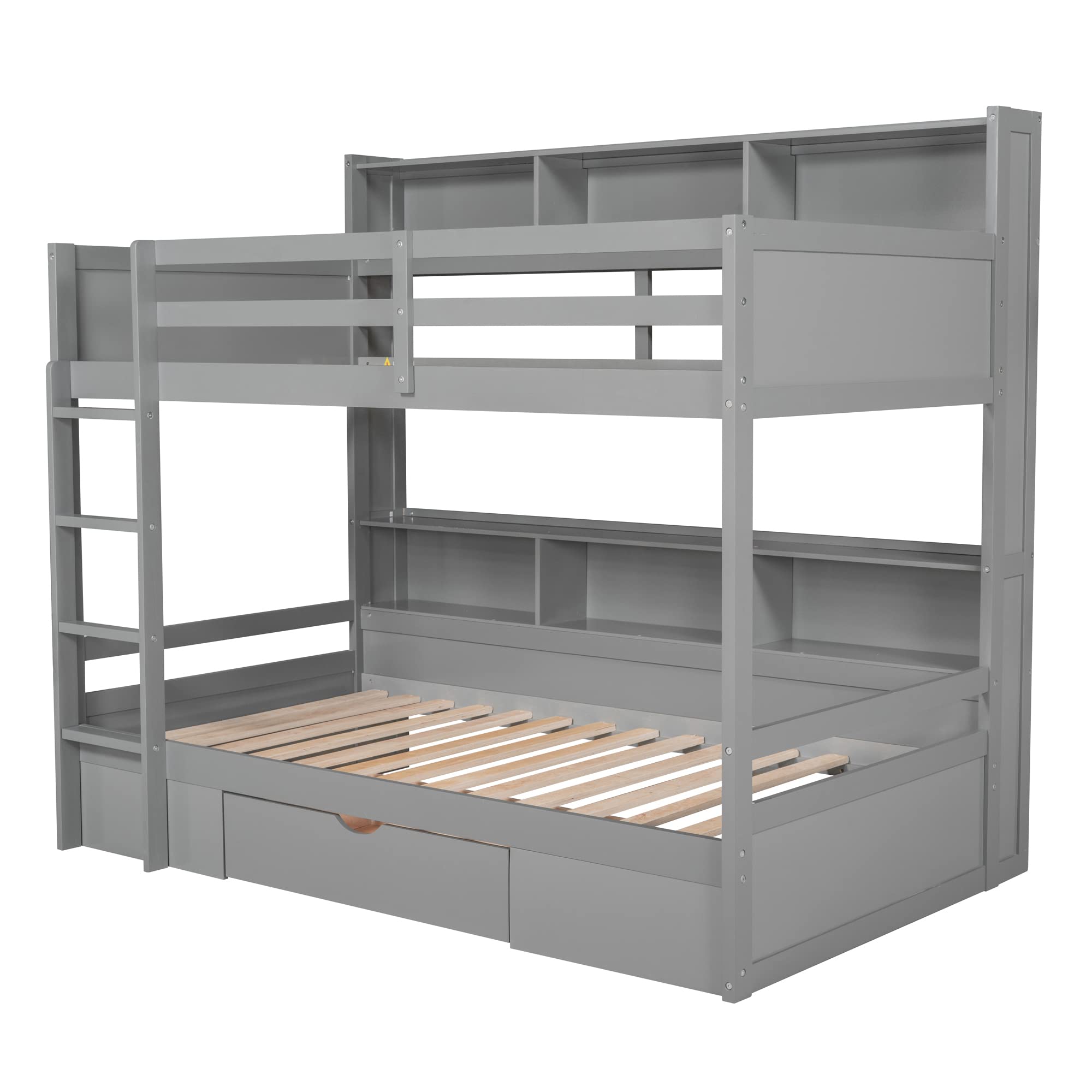 BIADNBZ Twin Size Bunk Bed with Built-in Shelves and Storage Drawer, Wooden Bunkbed for Kids/Teens Bedroom, No Spring Box Needed, Twin Over Twin Size, Gray