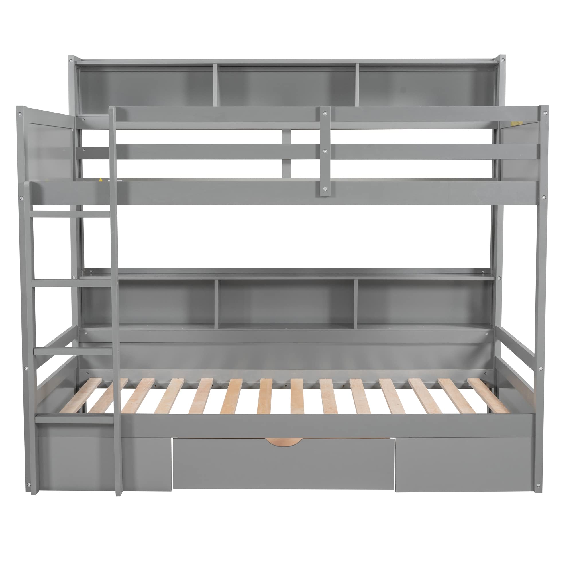 BIADNBZ Twin Size Bunk Bed with Built-in Shelves and Storage Drawer, Wooden Bunkbed for Kids/Teens Bedroom, No Spring Box Needed, Twin Over Twin Size, Gray