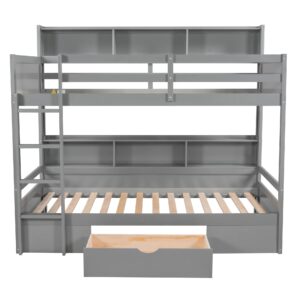 BIADNBZ Twin Size Bunk Bed with Built-in Shelves and Storage Drawer, Wooden Bunkbed for Kids/Teens Bedroom, No Spring Box Needed, Twin Over Twin Size, Gray