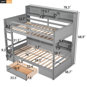 BIADNBZ Twin Size Bunk Bed with Built-in Shelves and Storage Drawer, Wooden Bunkbed for Kids/Teens Bedroom, No Spring Box Needed, Twin Over Twin Size, Gray