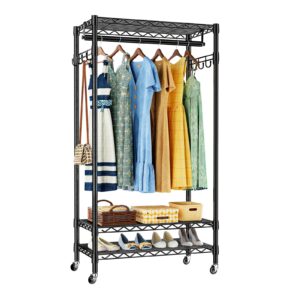 hemten k3 clothes rack heavy duty clothing rack with 8 shelves 4 hang rods, adjustable freestanding metal clothing rack for hanging clothes, portable wardrobe closet 14"w x 74"l x 74.8"h, load 970lbs