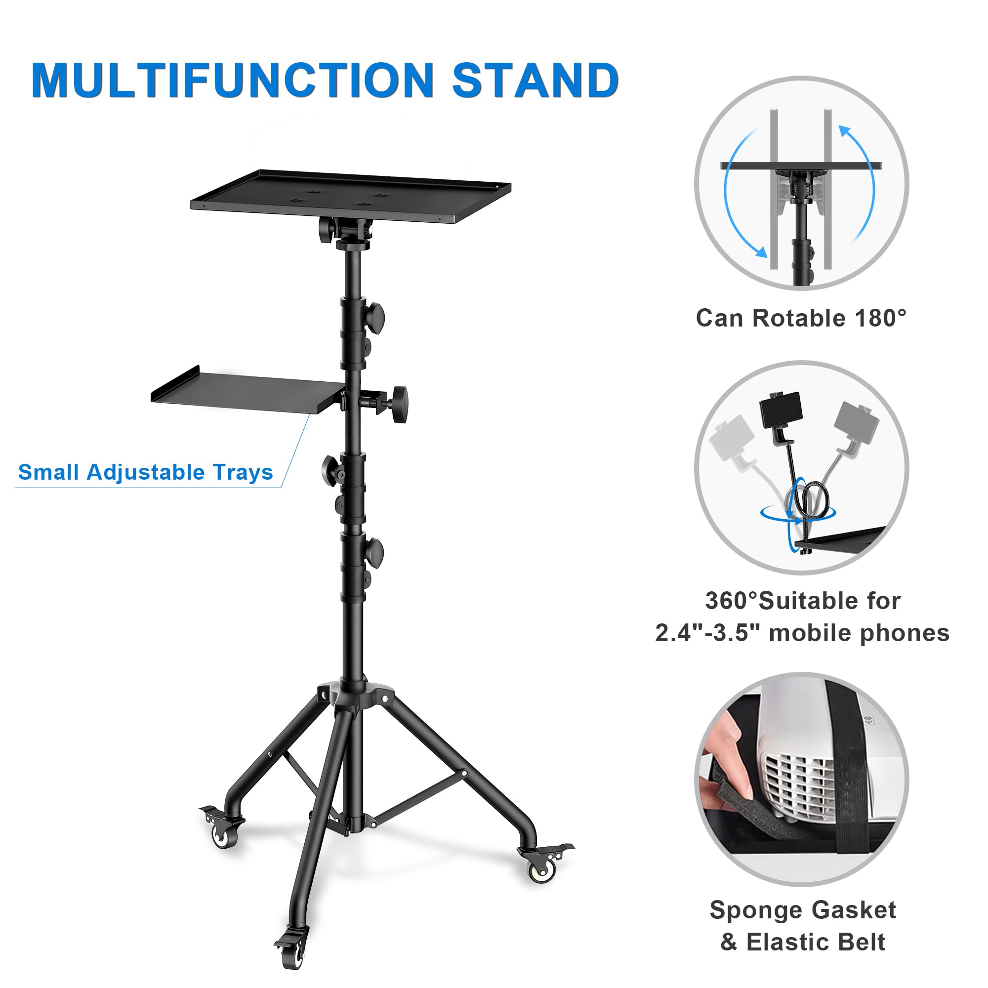 YoTilon Projector Stand Tripod From 28'' to 56'',Laptop Tripod Stand With Wheels and 2 Shelves, Rolling Projector Stand for Outside, Projector, DJ equipment, Sheet Music, Cell Phone.