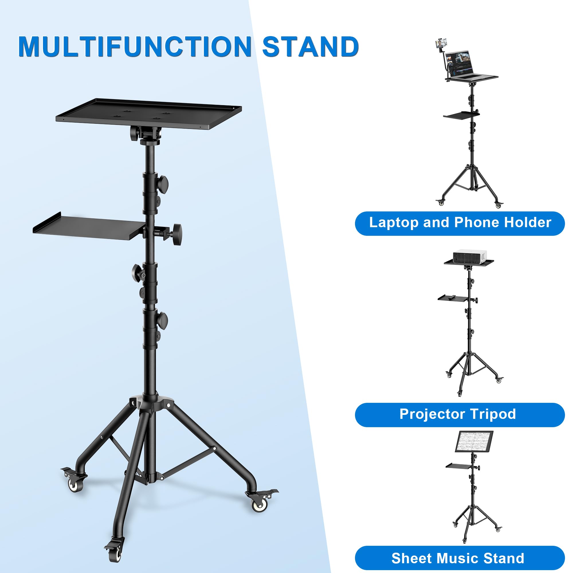 YoTilon Projector Stand Tripod From 28'' to 56'',Laptop Tripod Stand With Wheels and 2 Shelves, Rolling Projector Stand for Outside, Projector, DJ equipment, Sheet Music, Cell Phone.