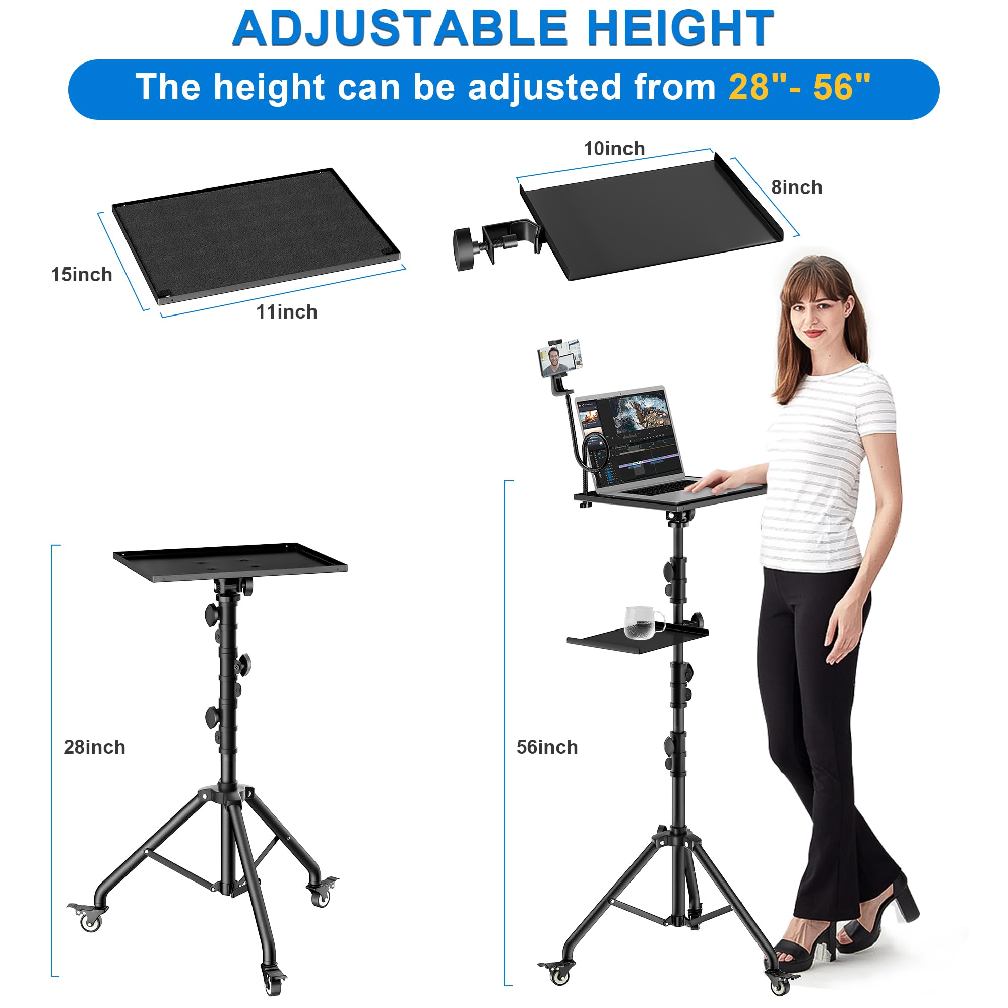 YoTilon Projector Stand Tripod From 28'' to 56'',Laptop Tripod Stand With Wheels and 2 Shelves, Rolling Projector Stand for Outside, Projector, DJ equipment, Sheet Music, Cell Phone.