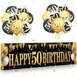 turypaty 50th birthday banner balloons decorations for men women, black gold happy 50 birthday yard kit party suppiles, vintage fifty years old bday photo props decoration for outdoor indoor