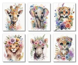 brooke & vine baby watercolor safari animals nursery decor wall art prints (unframed 8x 10 set of 6),jungle themed gender neutral toddler, classroom,zebra elephant giraffe tiger leopard lion