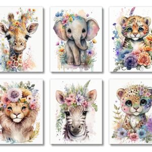 Brooke & Vine Baby Watercolor Safari Animals Nursery Decor Wall Art Prints (UNFRAMED 8x 10 Set of 6),Jungle Themed Gender Neutral Toddler, Classroom,Zebra Elephant Giraffe Tiger Leopard Lion