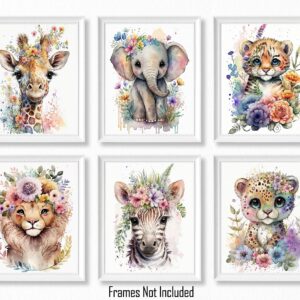 Brooke & Vine Baby Watercolor Safari Animals Nursery Decor Wall Art Prints (UNFRAMED 8x 10 Set of 6),Jungle Themed Gender Neutral Toddler, Classroom,Zebra Elephant Giraffe Tiger Leopard Lion