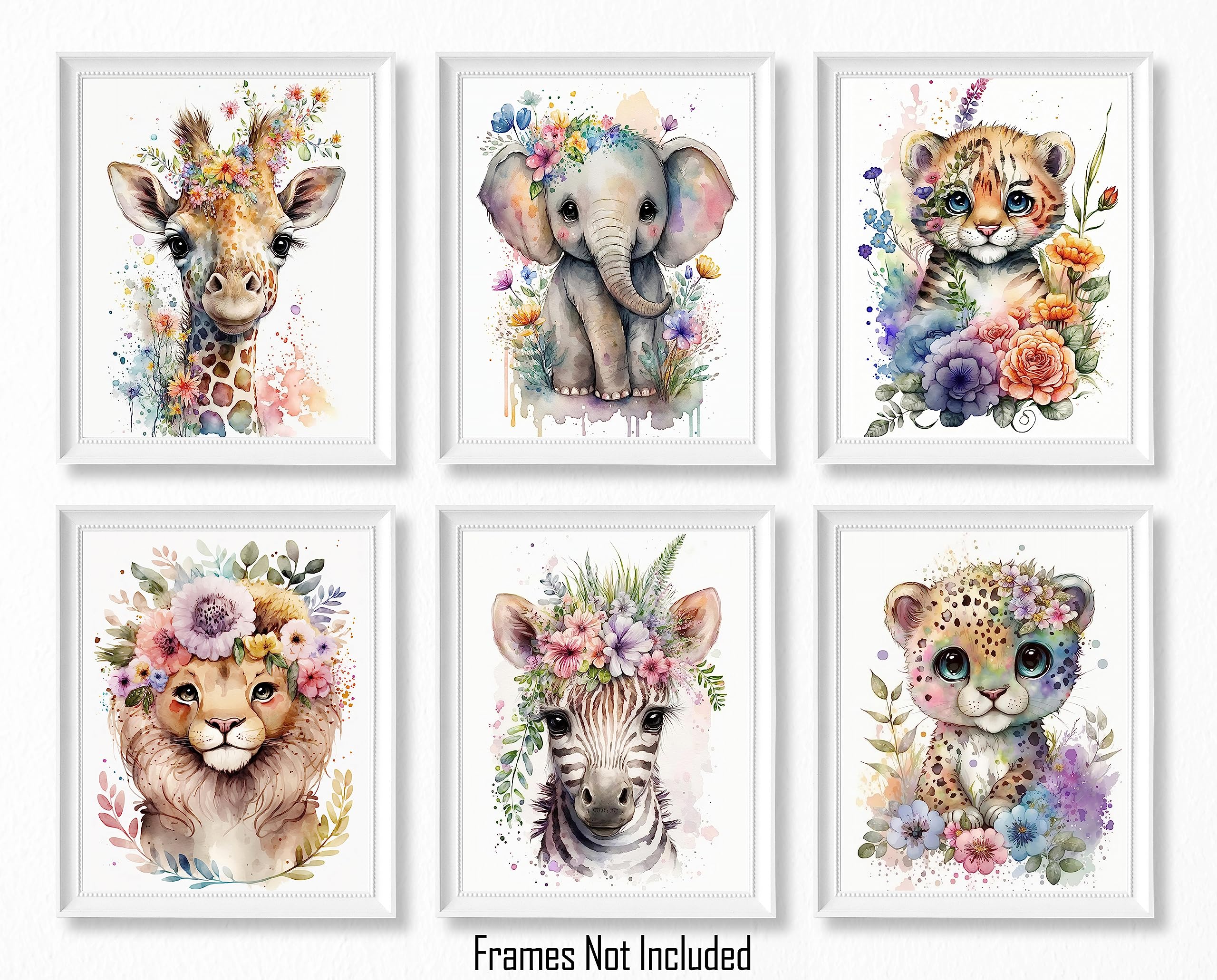 Brooke & Vine Baby Watercolor Safari Animals Nursery Decor Wall Art Prints (UNFRAMED 8x 10 Set of 6),Jungle Themed Gender Neutral Toddler, Classroom,Zebra Elephant Giraffe Tiger Leopard Lion