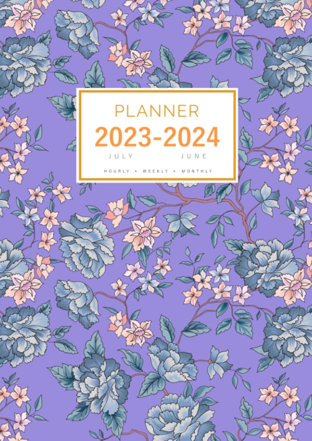 Planner July 2023-2024 June: A4 Large Notebook Organizer with Hourly Time Slots | Vintage Flower Leaf Design Blue-Violet