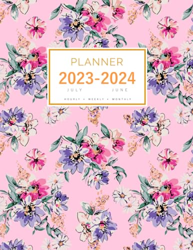 Planner July 2023-2024 June: 8.5 x 11 Large Notebook Organizer with Hourly Time Slots | Colorful Sketched Flower Design Pink