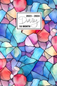 2023 - 2024: 18 month diary a5 week to view on 2 pages weekly journal agenda wo2p planner jul 23 to dec 24 horizontal with moon phases, uk & us ... mosaic watercolour vibrant rainbow colours