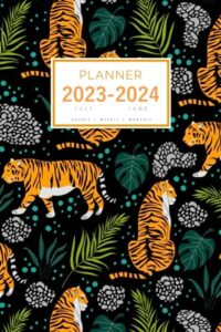 planner july 2023-2024 june: 6x9 medium notebook organizer with hourly time slots | tiger tropical leaf design black