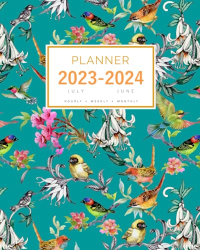 Planner July 2023-2024 June: 8x10 Large Notebook Organizer with Hourly Time Slots | Summer Flower Exotic Bird Design Teal