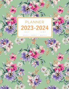 planner july 2023-2024 june: 8.5 x 11 large notebook organizer with hourly time slots | colorful sketched flower design green