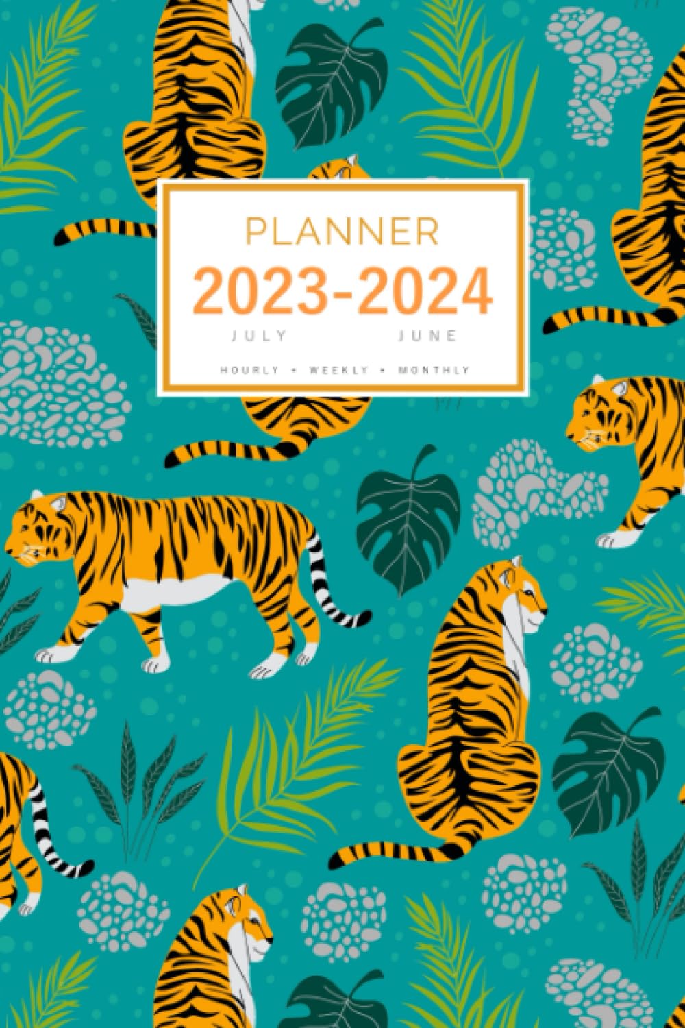 Planner July 2023-2024 June: 6x9 Medium Notebook Organizer with Hourly Time Slots | Tiger Tropical Leaf Design Teal