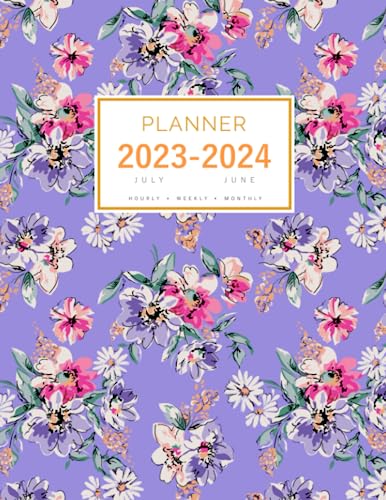 Planner July 2023-2024 June: 8.5 x 11 Large Notebook Organizer with Hourly Time Slots | Colorful Sketched Flower Design Blue-Violet