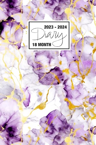 2023 - 2024: 18 Month Diary A5 Week to View on 2 Pages Weekly Journal Agenda WO2P Planner Jul 23 to Dec 24 Horizontal With Moon Phases, UK & US ... Grey Gold foil Marble Pattern Lilac Purple