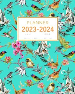 planner july 2023-2024 june: 8x10 large notebook organizer with hourly time slots | summer flower exotic bird design turquoise