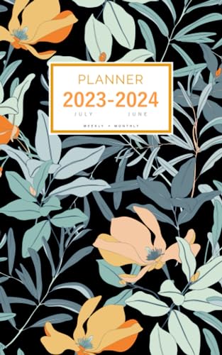 Planner July 2023-2024 June: 5x8 Weekly and Monthly Organizer Small | Trendy Magnolia Blossom Flower Design Black